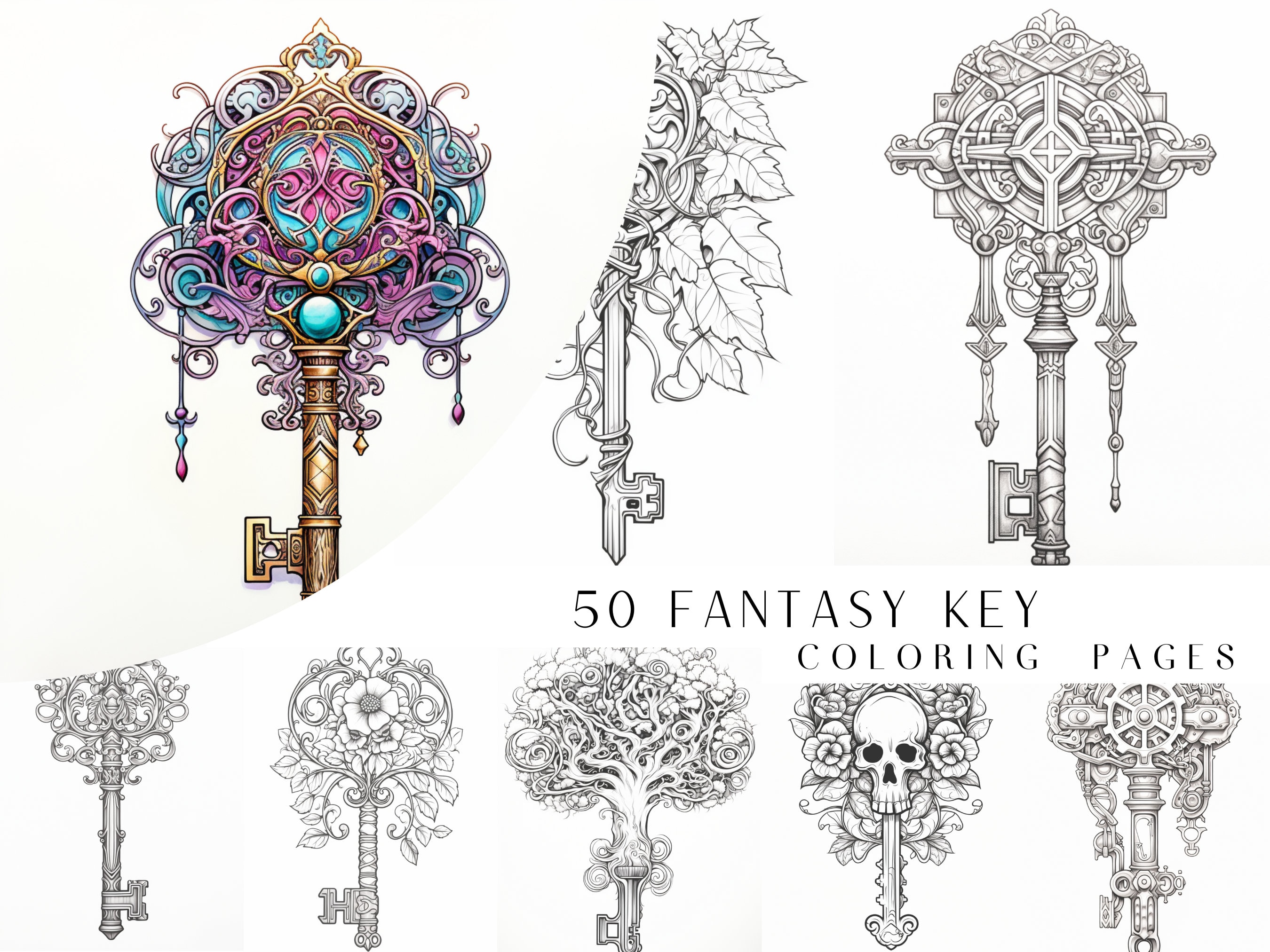 50 Fantasy Key Coloring Pages Adult and Kids Coloring Book, Greyscale ...