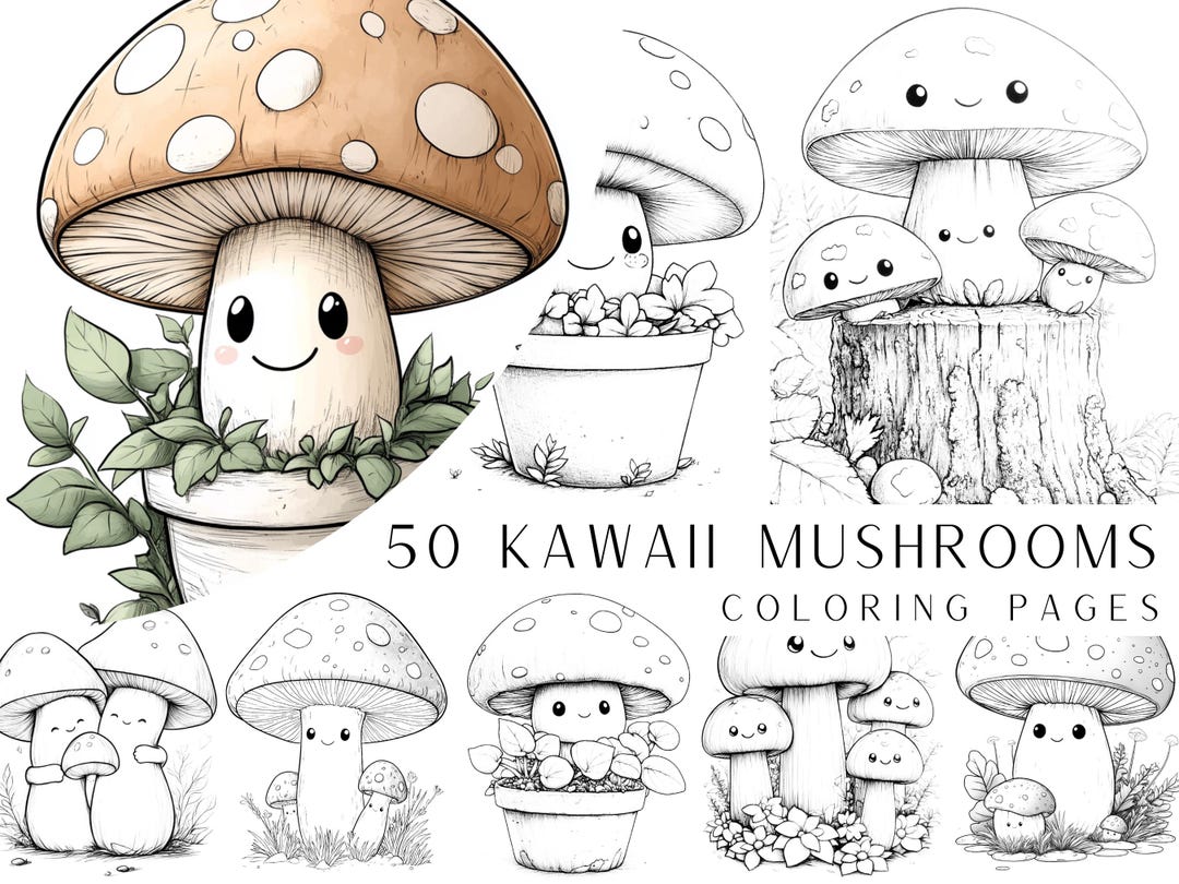 50 Kawaii Mushroom Coloring Pages - Instant Digital PDF Download, Cute ...