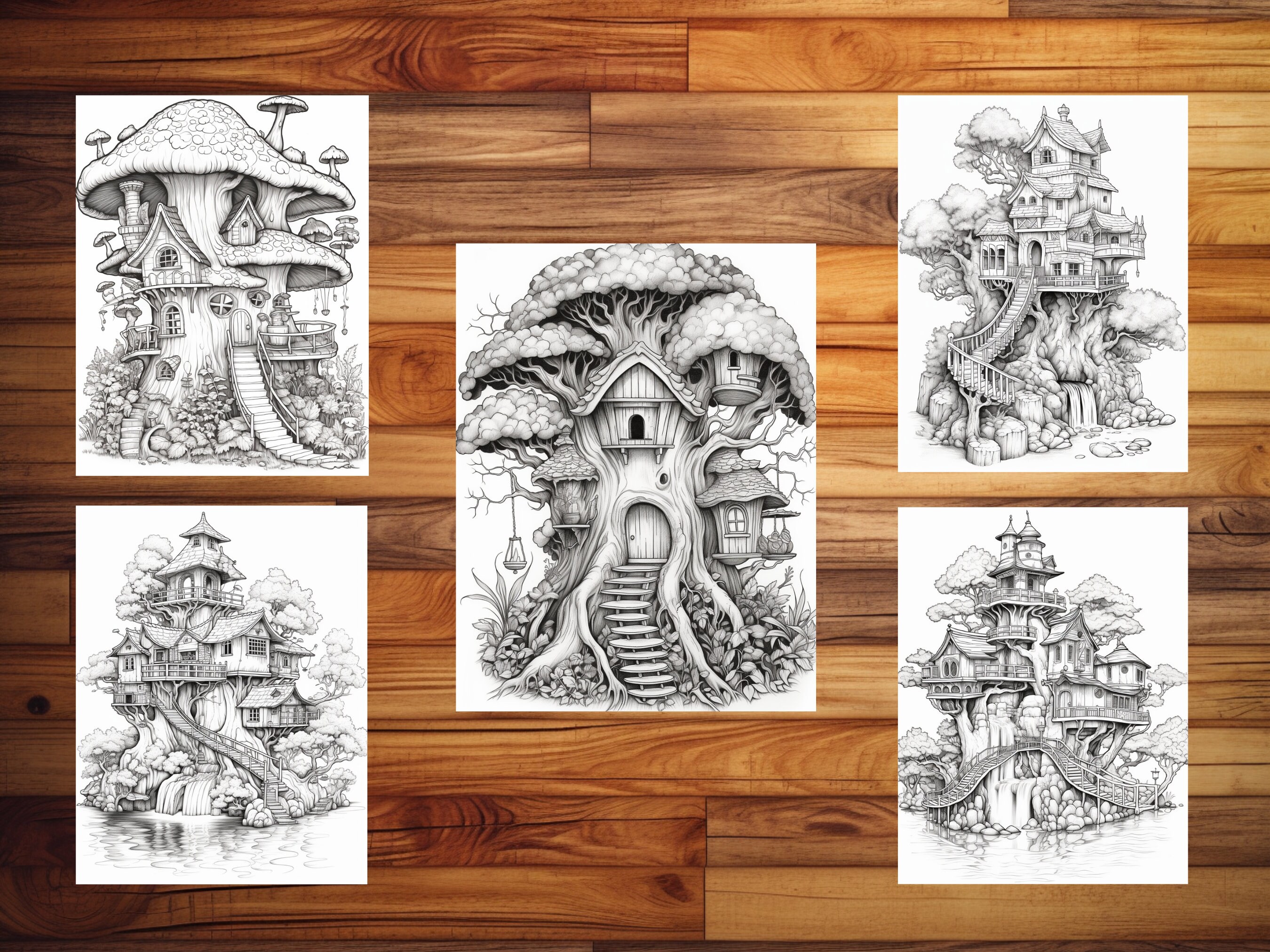 100 Enchanted Treehouse Coloring Book - Adult Coloring Pages, Grayscale ...