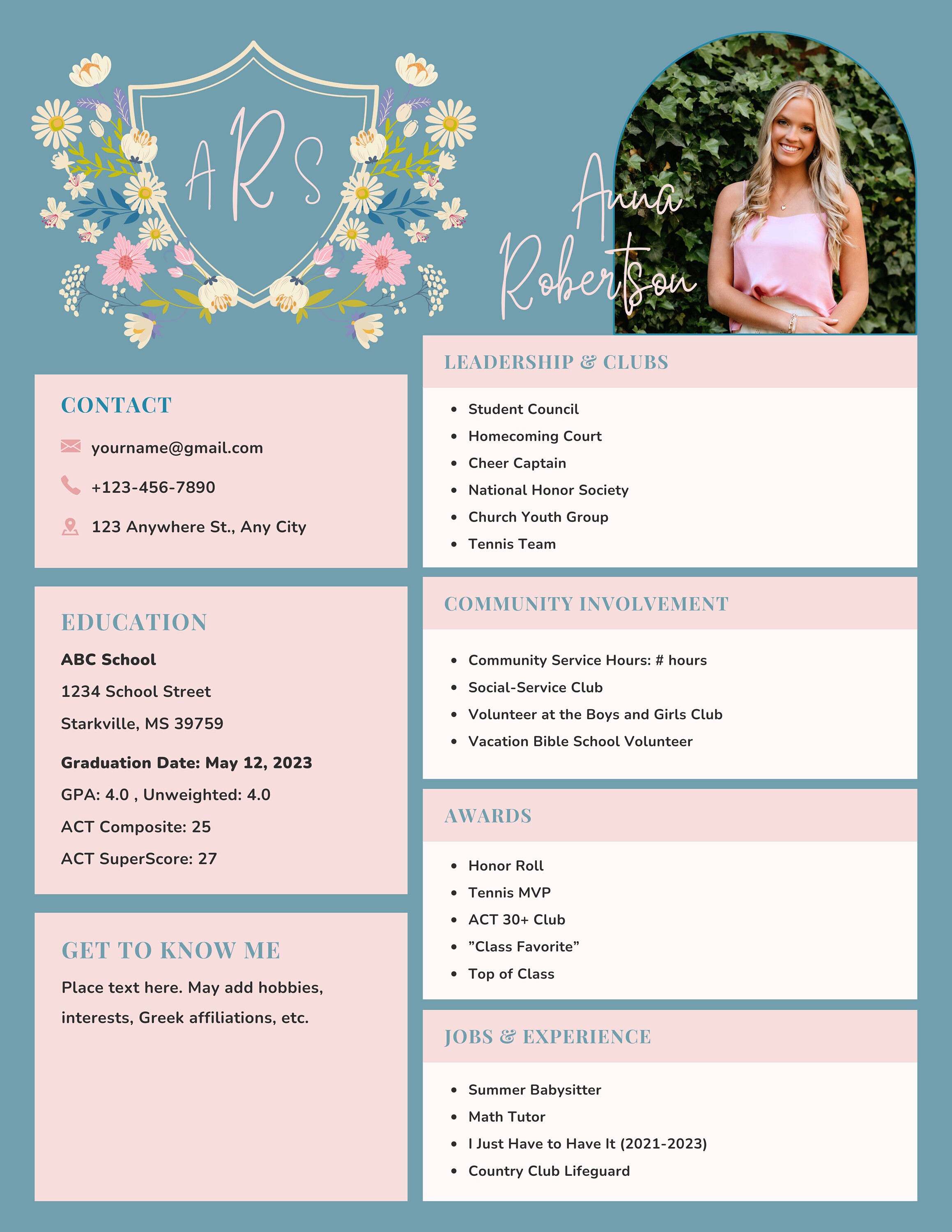 Sorority Resume Template! Blue and Pink With Crest, Rush/recruitment ...
