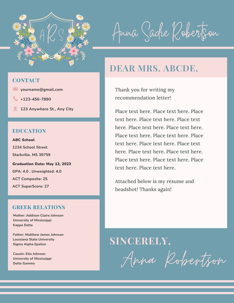Sorority Resume Template! Blue and Pink With Crest, Rush/recruitment ...