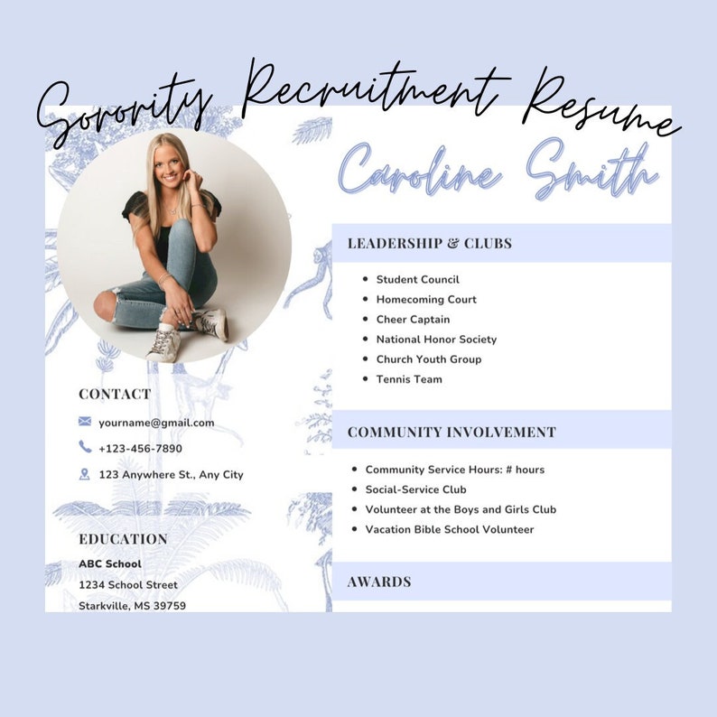 Sorority Resume Template! Customizable Blue Rush/recruitment Resume ...