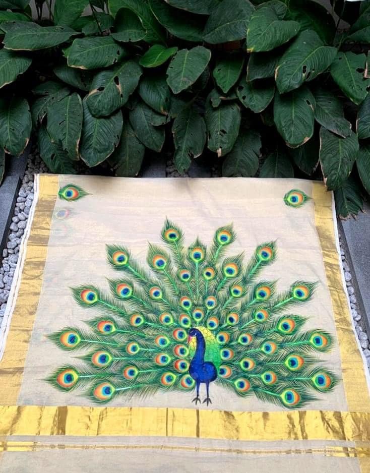 Peacock Feather Painting Saree