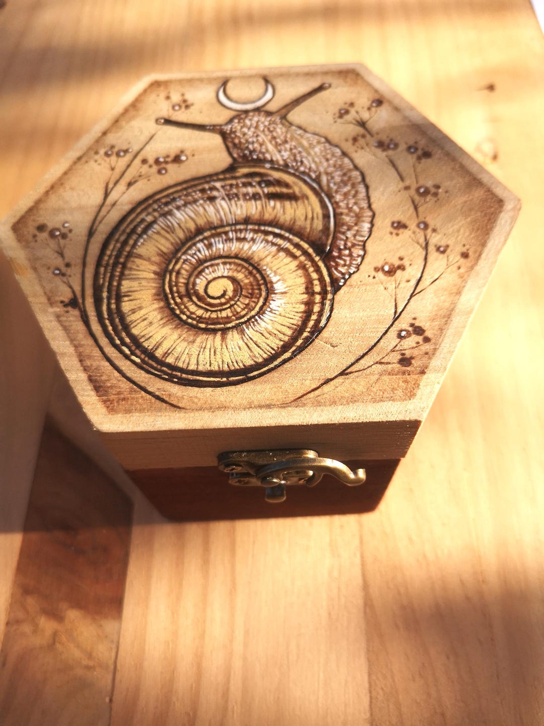 Wooden Box With a Hexagonal Shape, Featuring a Pyrography Design of a ...