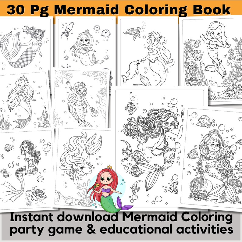 30 Pages Mermaid Coloring Book Little Mermaid Coloring Pages Printable ...