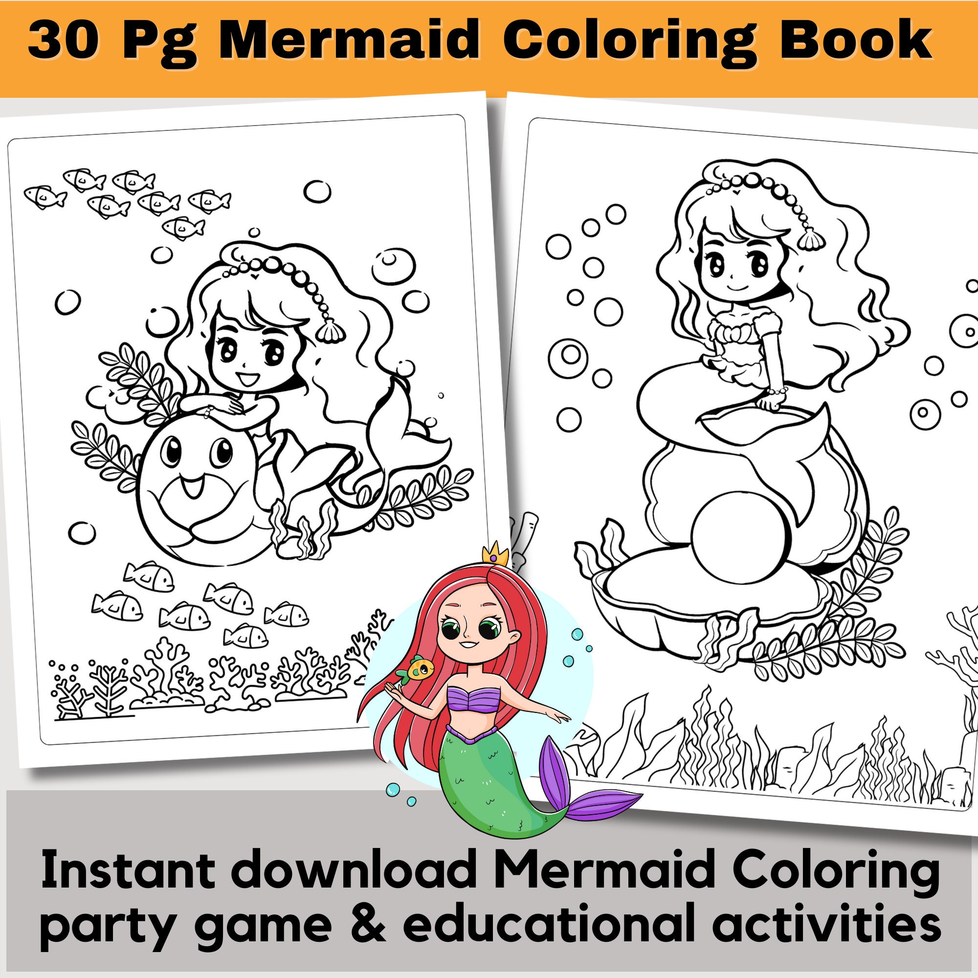 30 Pages Mermaid Coloring Book Little Mermaid Coloring Pages Printable ...