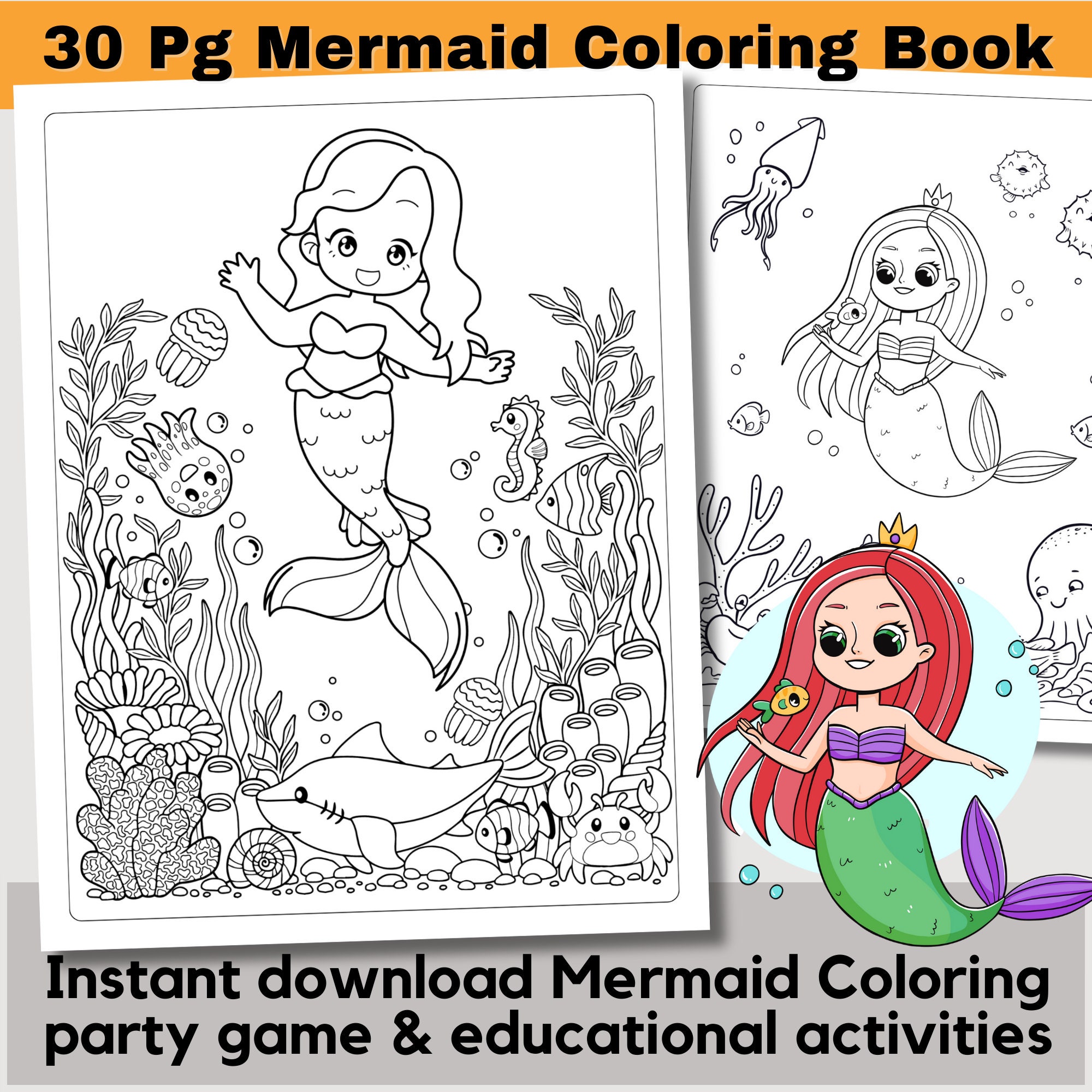 30 Pages Mermaid Coloring Book Little Mermaid Coloring Pages Printable ...