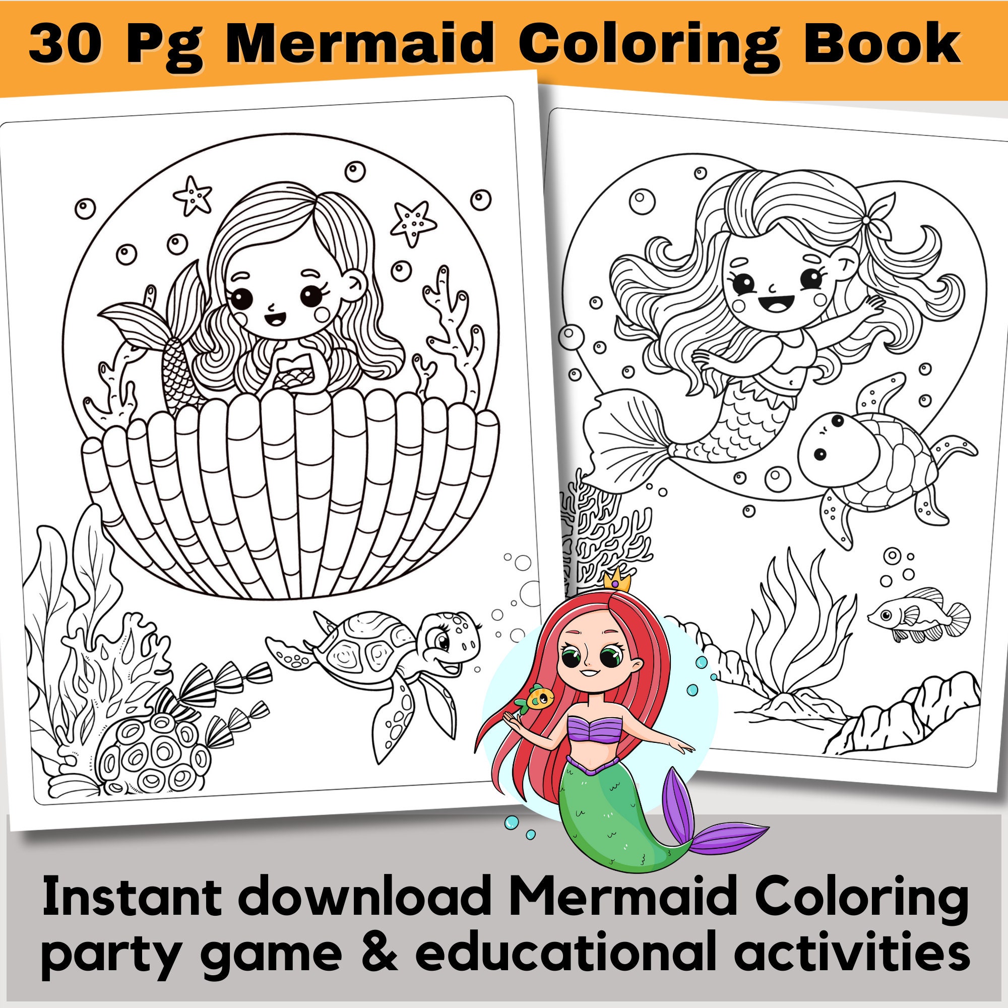 30 Pages Mermaid Coloring Book Little Mermaid Coloring Pages Printable ...