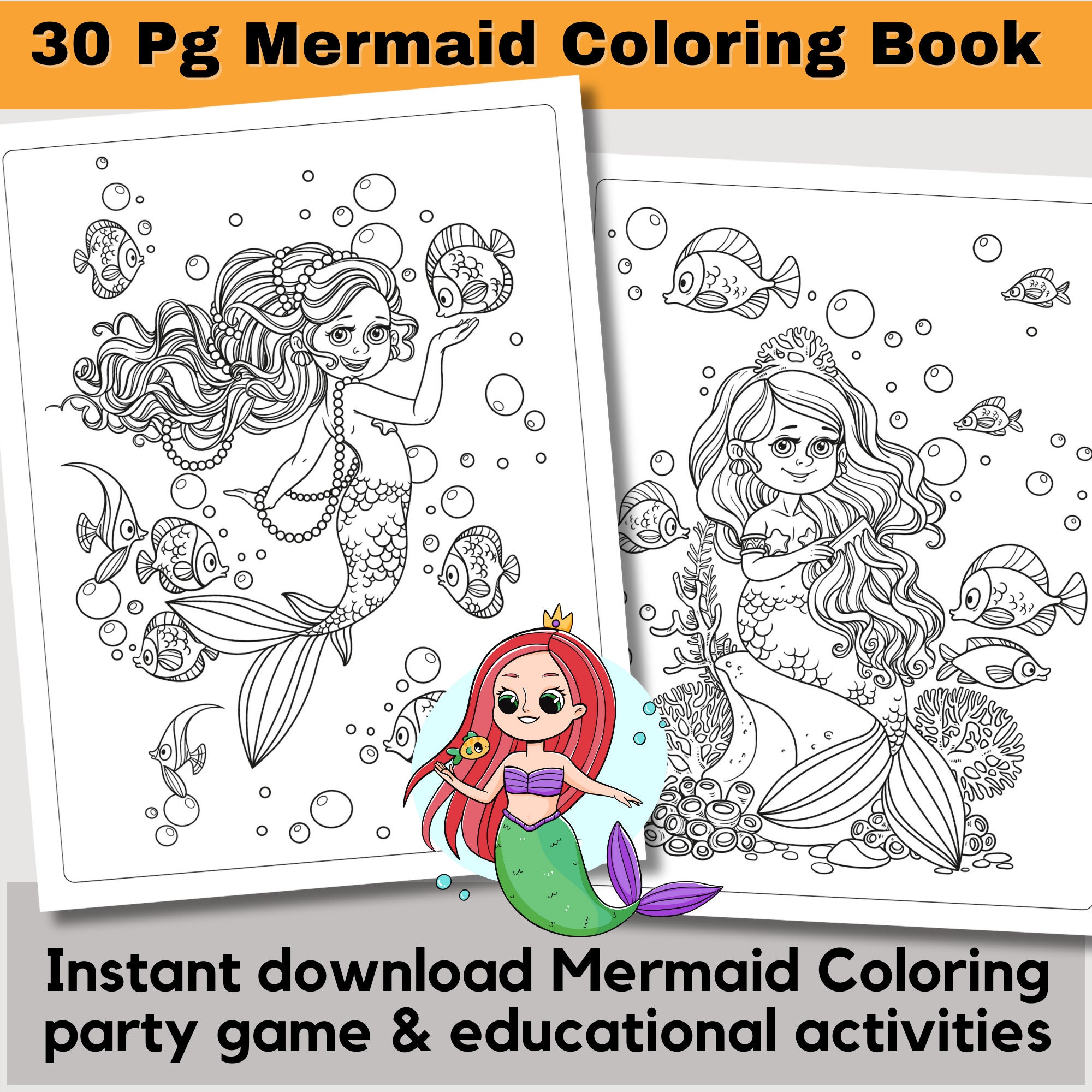 30 Pages Mermaid Coloring Book Little Mermaid Coloring Pages Printable ...