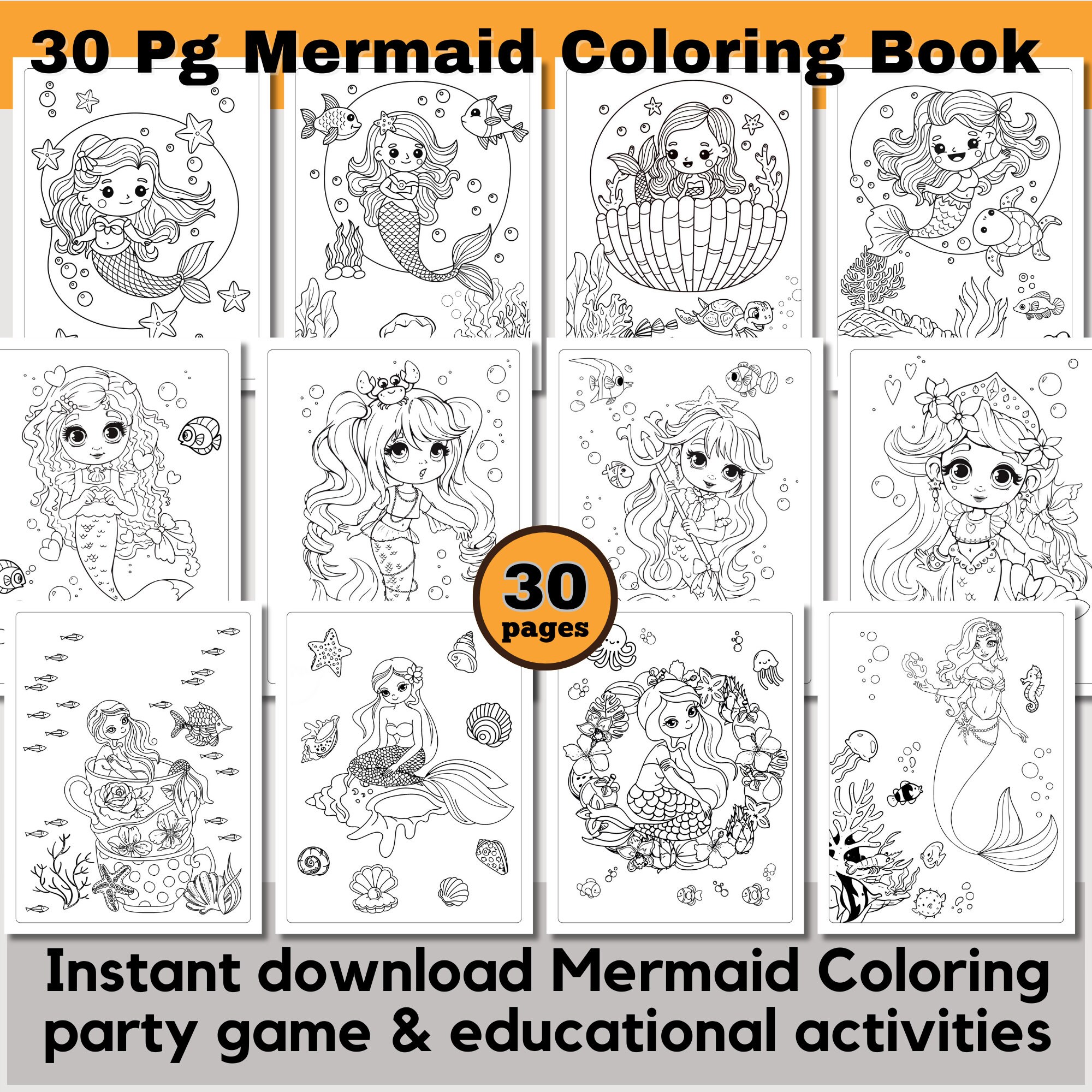 30 Pages Mermaid Coloring Book Little Mermaid Coloring Pages Printable ...
