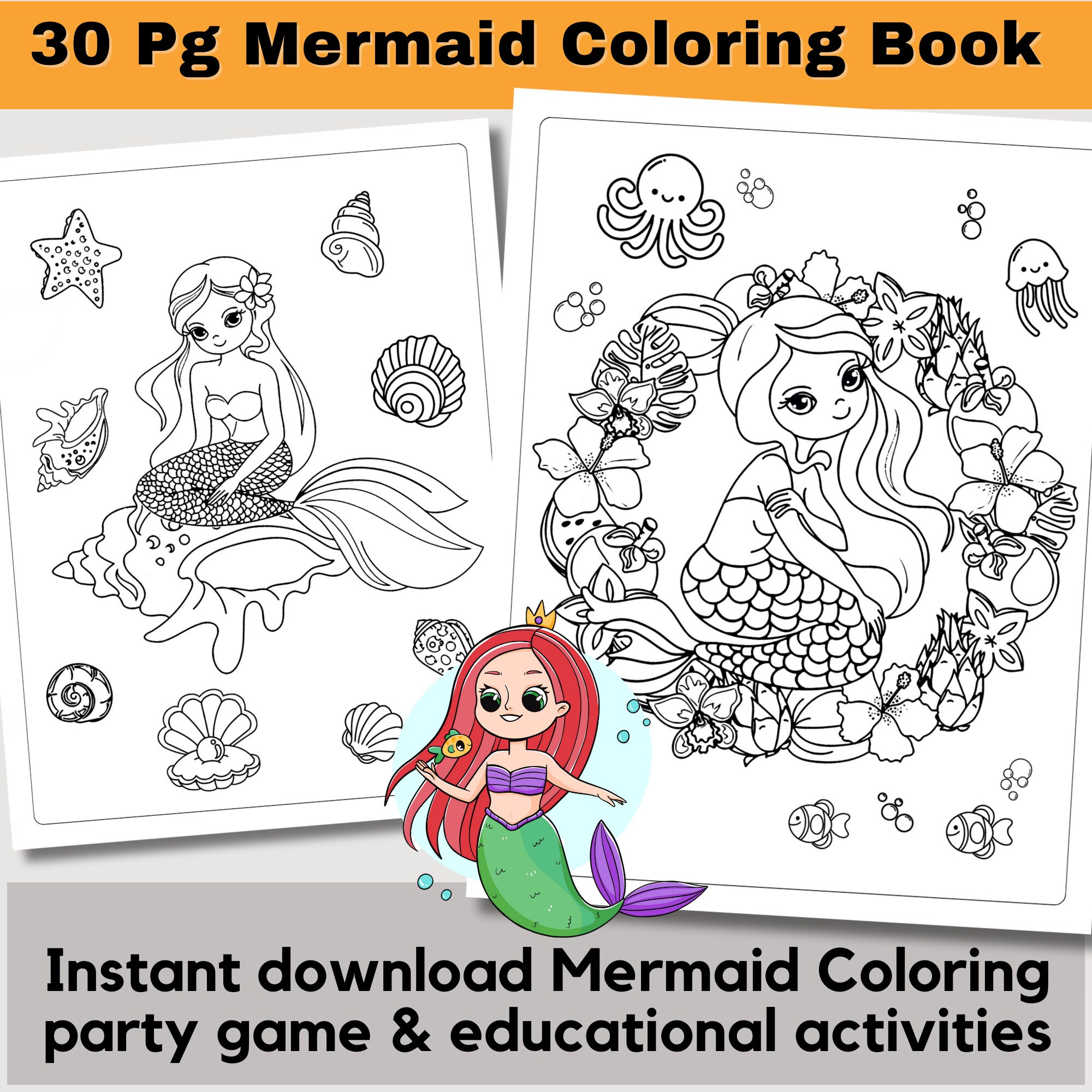 30 Pages Mermaid Coloring Book Little Mermaid Coloring Pages Printable ...