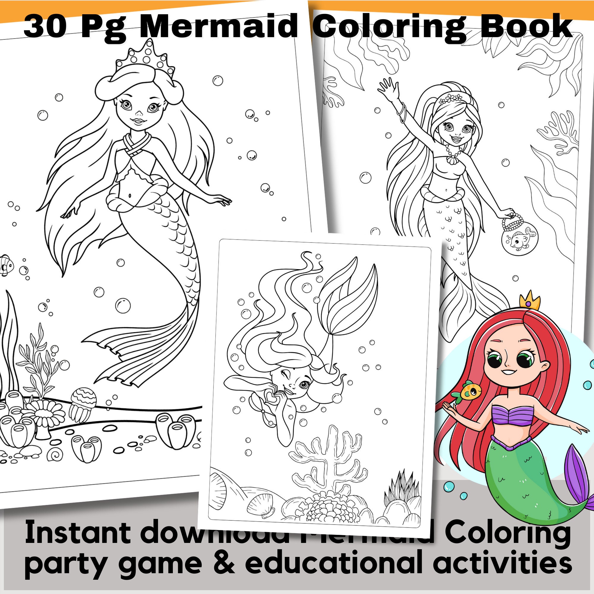 30 Pages Mermaid Coloring Book Little Mermaid Coloring Pages Printable ...