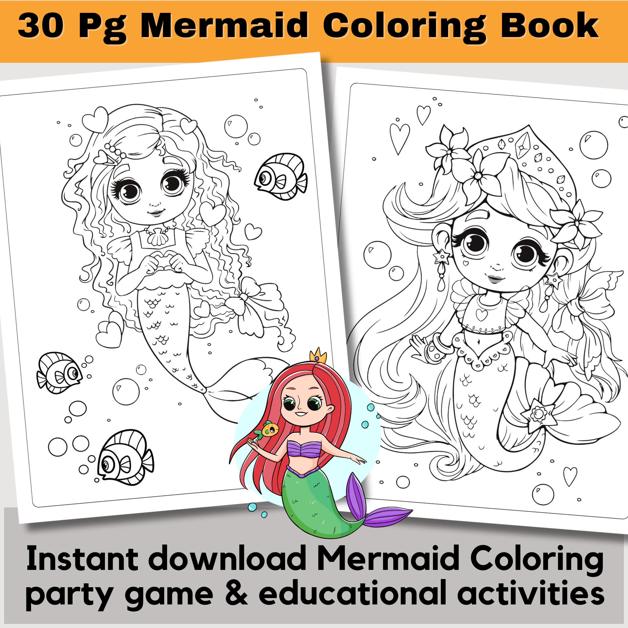 30 Pages Mermaid Coloring Book Little Mermaid Coloring Pages Printable ...