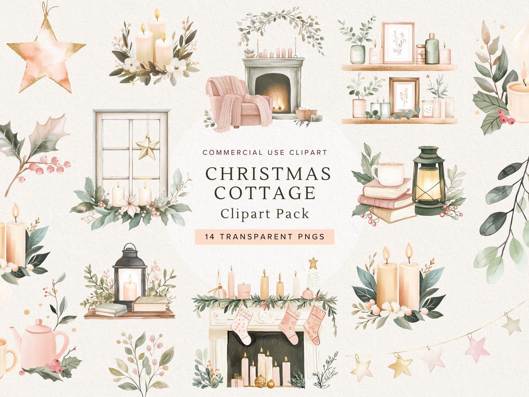 Christmas Cottage Clipart | Cozy Holiday PNG Set | Neutral Watercolor ...