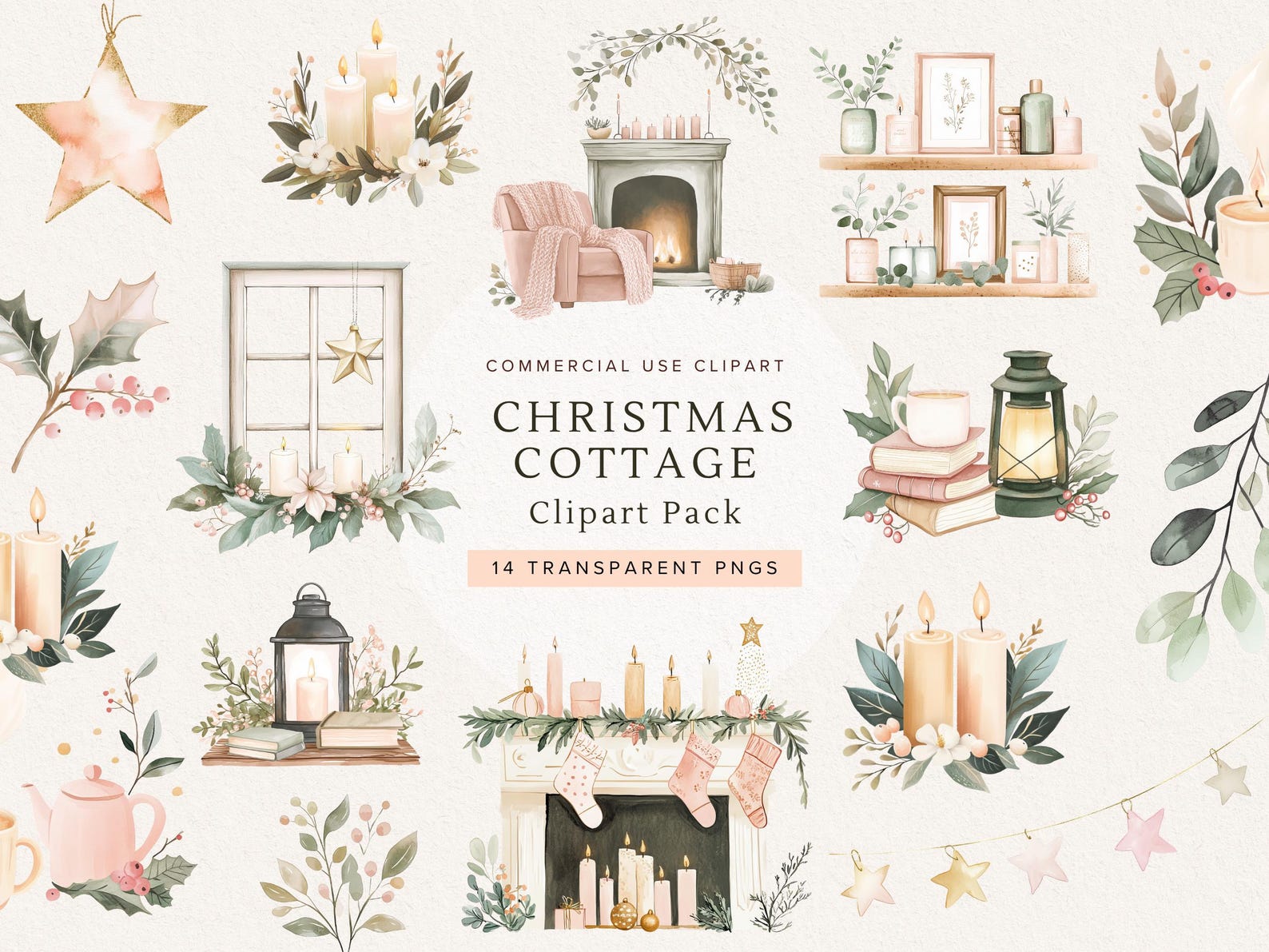 Christmas Cottage Clipart | Cozy Holiday PNG Set | Neutral Watercolor ...