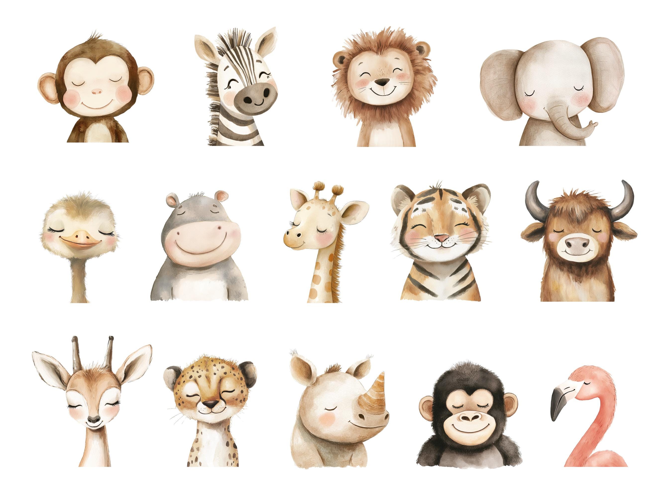 Boho Safari Clipart | Cute Jungle Animal Faces PNG | Watercolor Baby ...