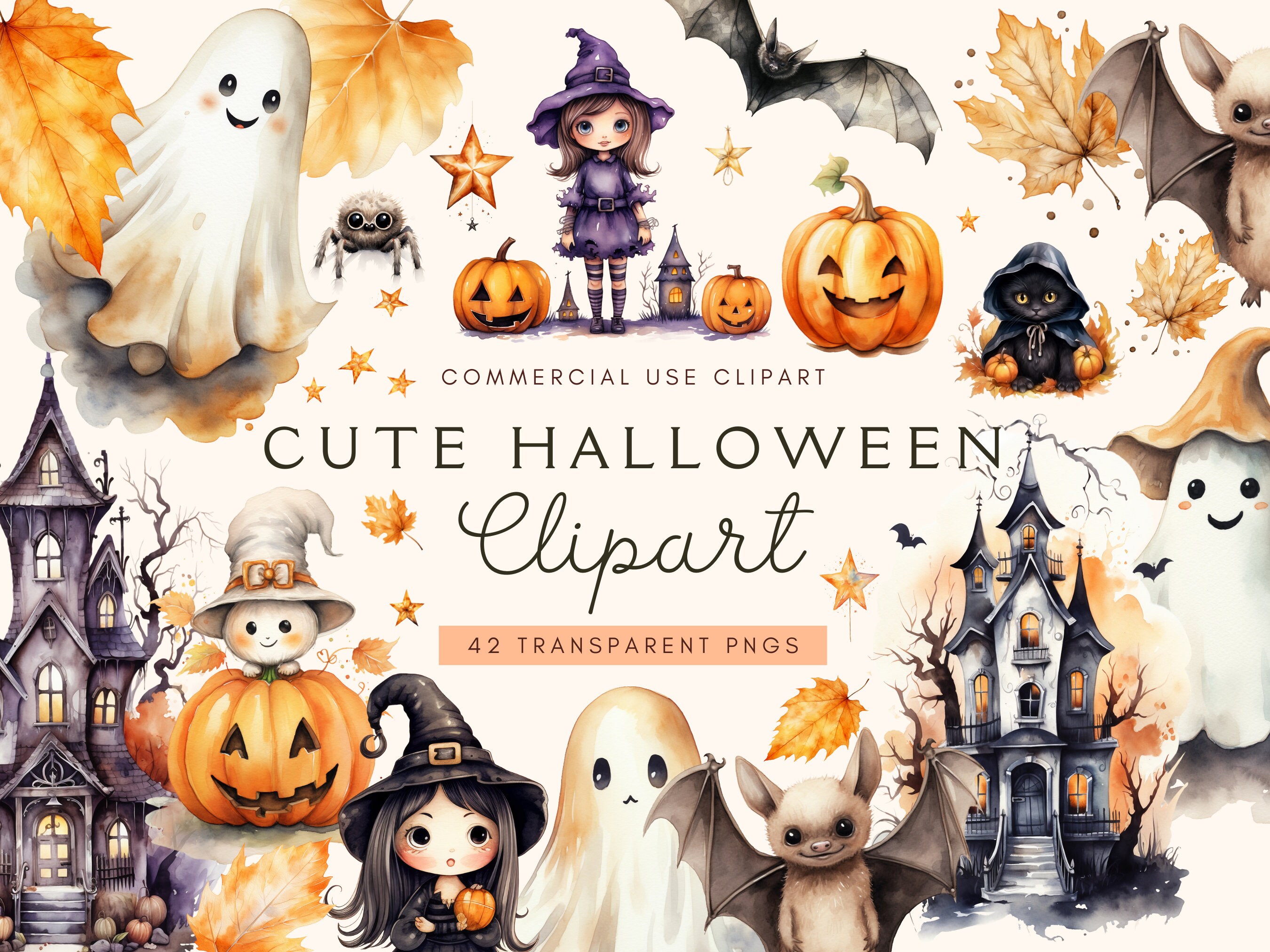 Cute Halloween Clipart Set Ghosts Spiders Witch Bats Instant Download ...
