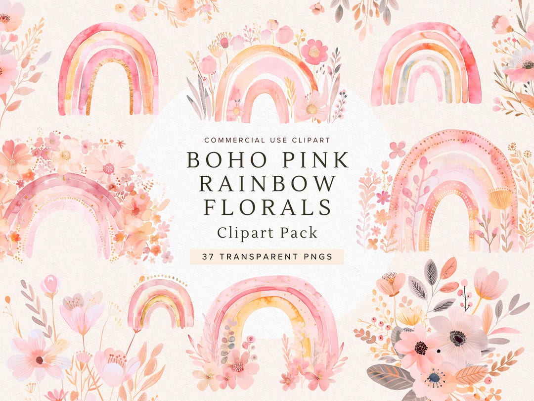 Boho Flowers and Rainbows Clipart | Cute Pink Floral Watercolor ...