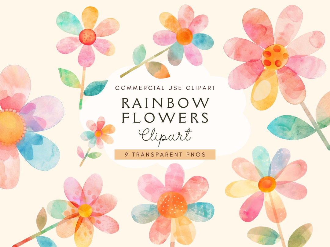 Bright Floral Clipart | Watercolor Rainbow Flowers | Colorful Flowers ...