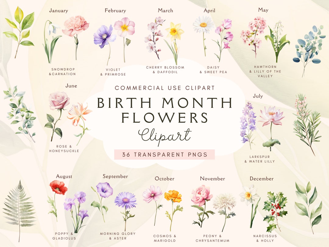 Watercolor Birth Month Flower Clipart | Diy Birth Month Flower Print ...