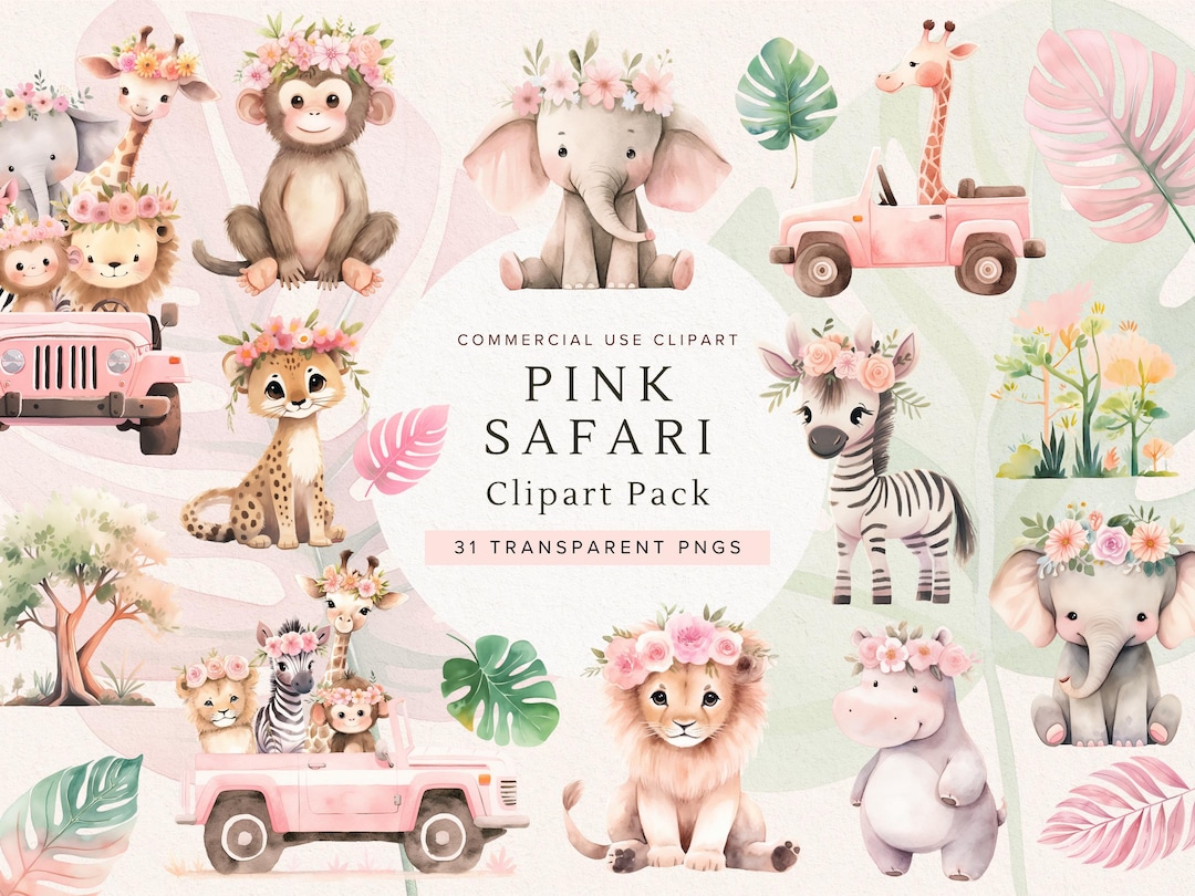 Pink Safari Animals Clipart | Baby Girl Clipart Png | Safari Nursery ...