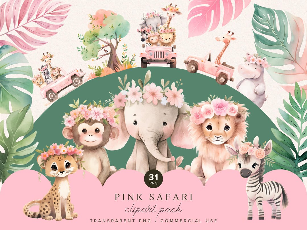 Pink Safari Animals Clipart | Baby Girl Clipart Png | Safari Nursery ...