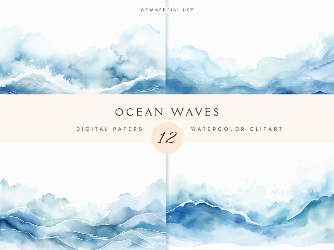 Ocean Waves | Watercolour Digital Paper Pack | Blue Pattern | Instant ...