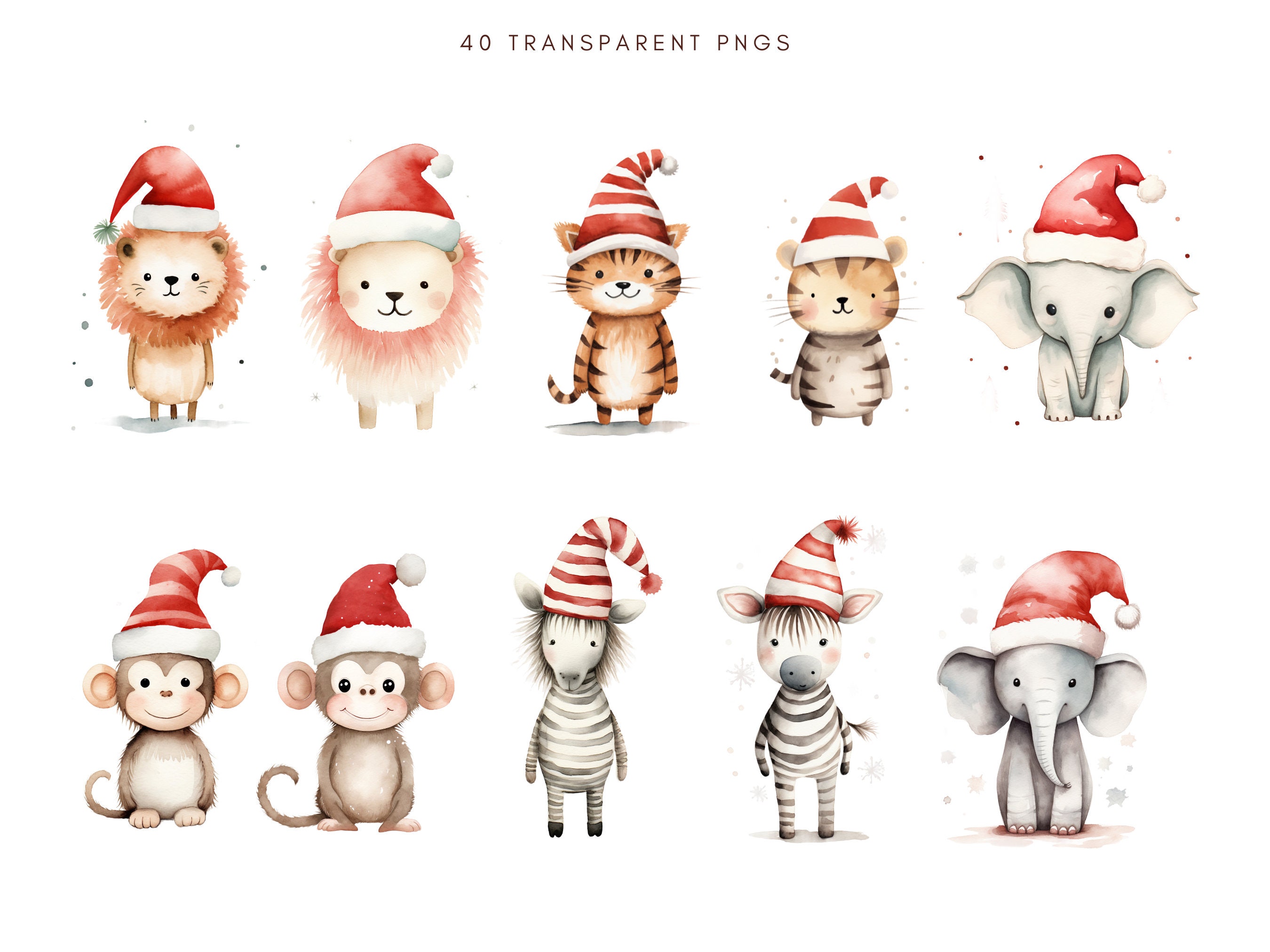 Christmas Animals Watercolor Clipart Animals With Santa Hat - Etsy