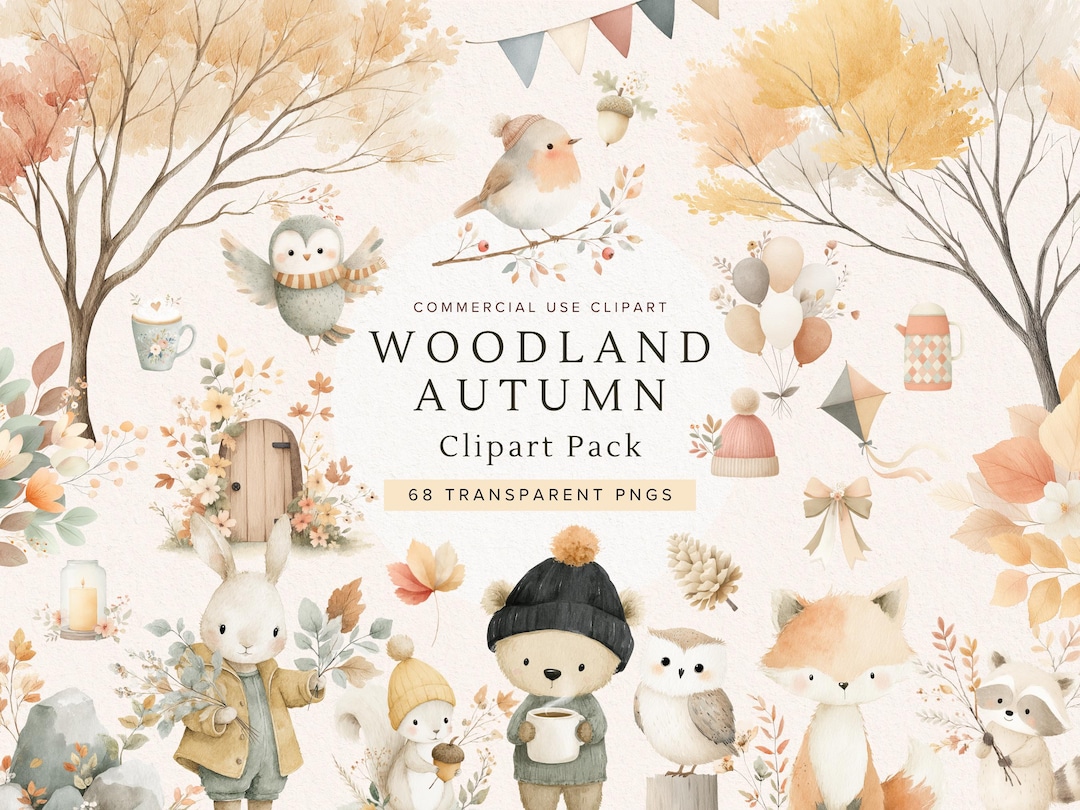 Fall Woodland Clipart | Cute Autumn Animals PNG | Whimsical Nursery ...