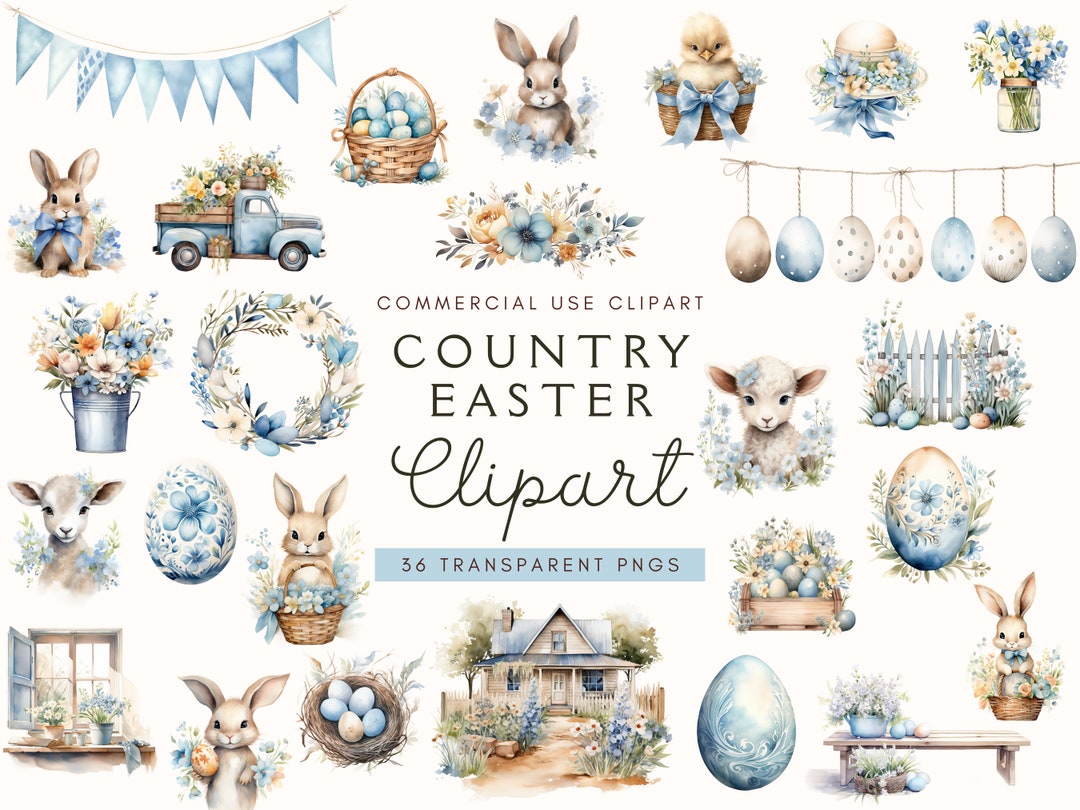 Country Farmhouse Easter Watercolor Clipart Easter Bunny Illustration ...