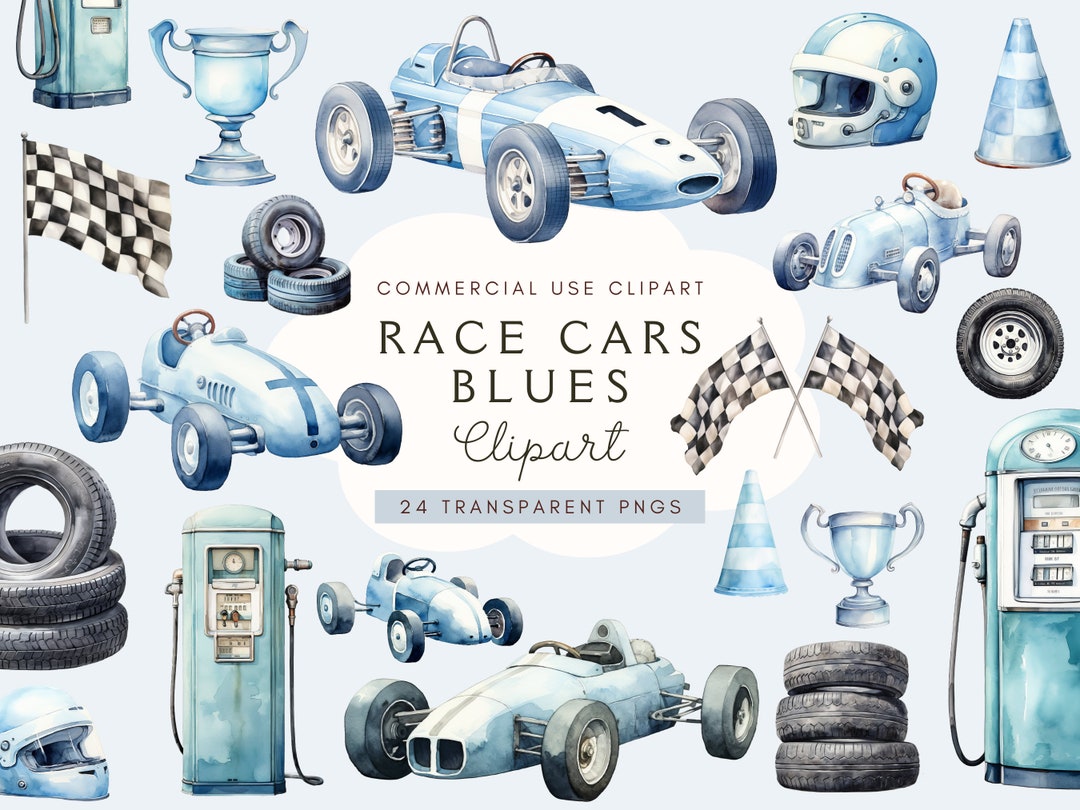 Retro Race Car Clipart Blue Watercolor Vehicle Clipart Card Making ...
