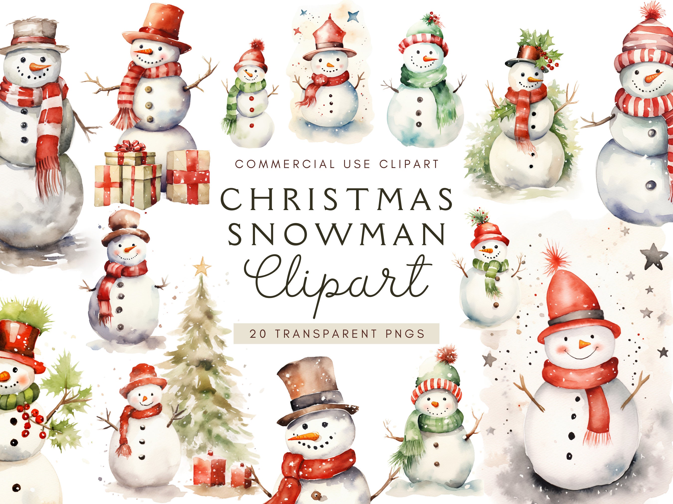 Watercolor Christmas Snowman Clipart, Cute Snowman Clip Art, Holiday ...