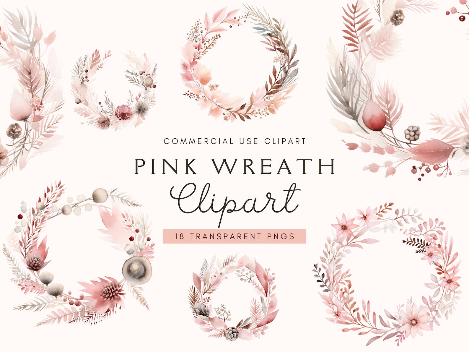 Pink Christmas Wreath Clipart | Merry Christmas | Holidays Watercolor ...