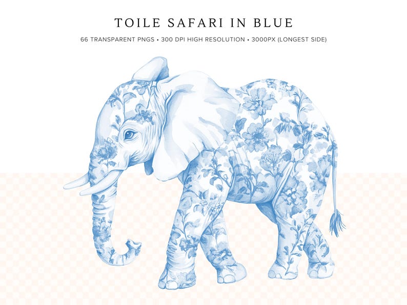 Pale Blue Toile Safari Clipart | Watercolour Baby Shower PNG ...