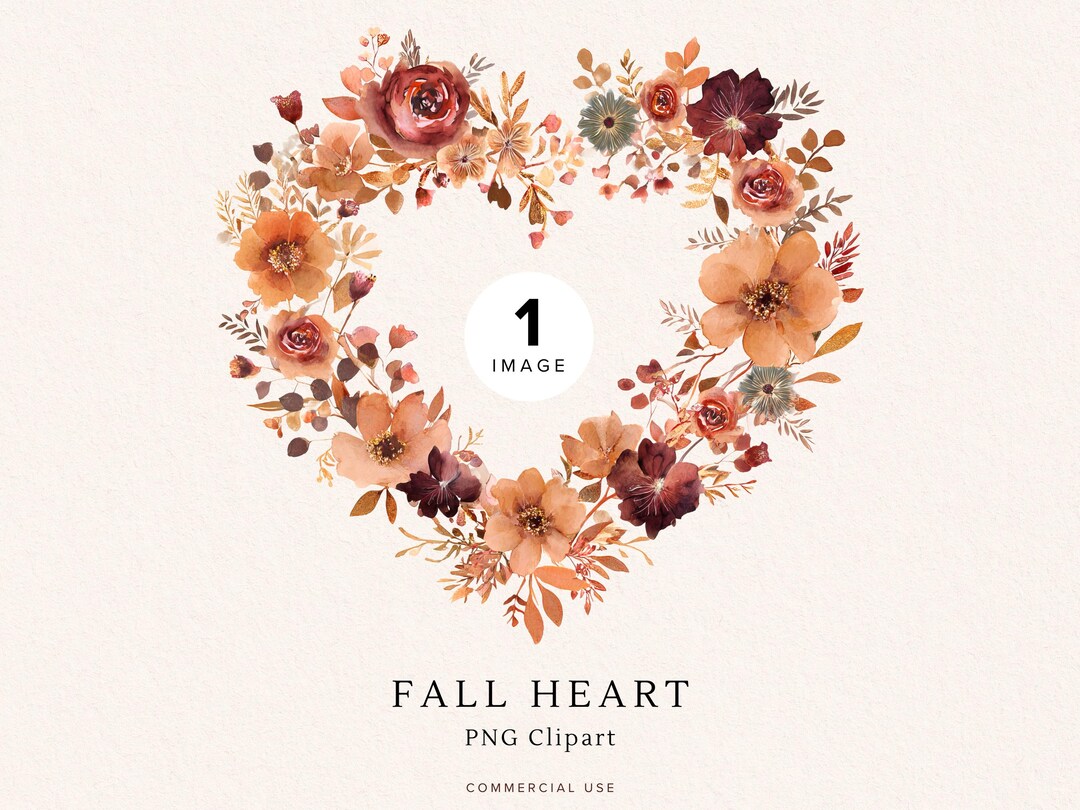 Fall Heart Clipart | Watercolor Autumn Floral Wreath PNG | Digital Clip ...
