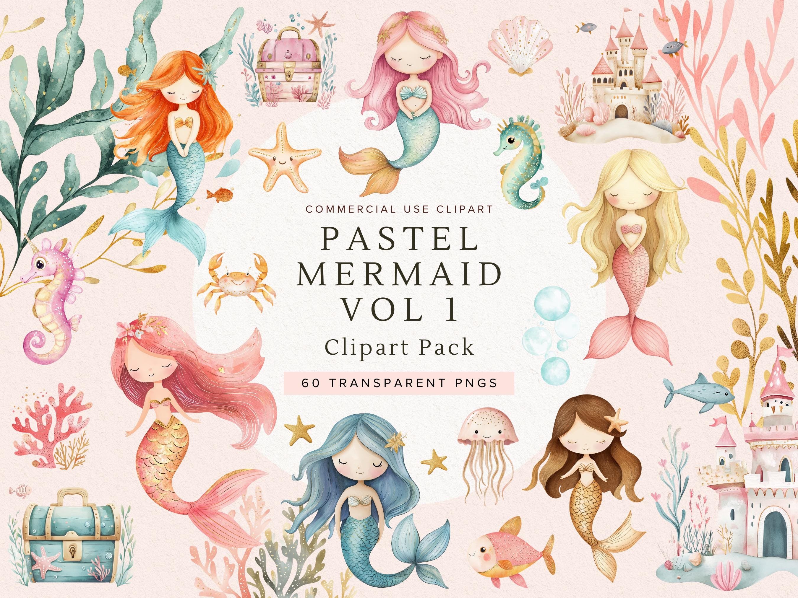 Pastel Mermaid Clipart Pack | Watercolor | Junk Journal | Cute Pink PNG ...
