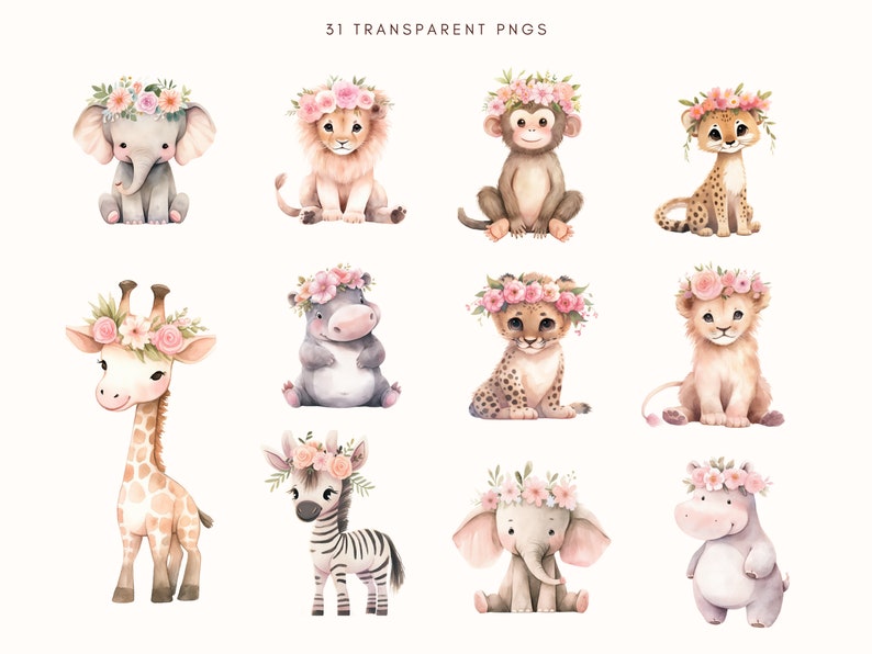 Pink Safari Animals Clipart | Baby Girl Clipart Png | Safari Nursery ...