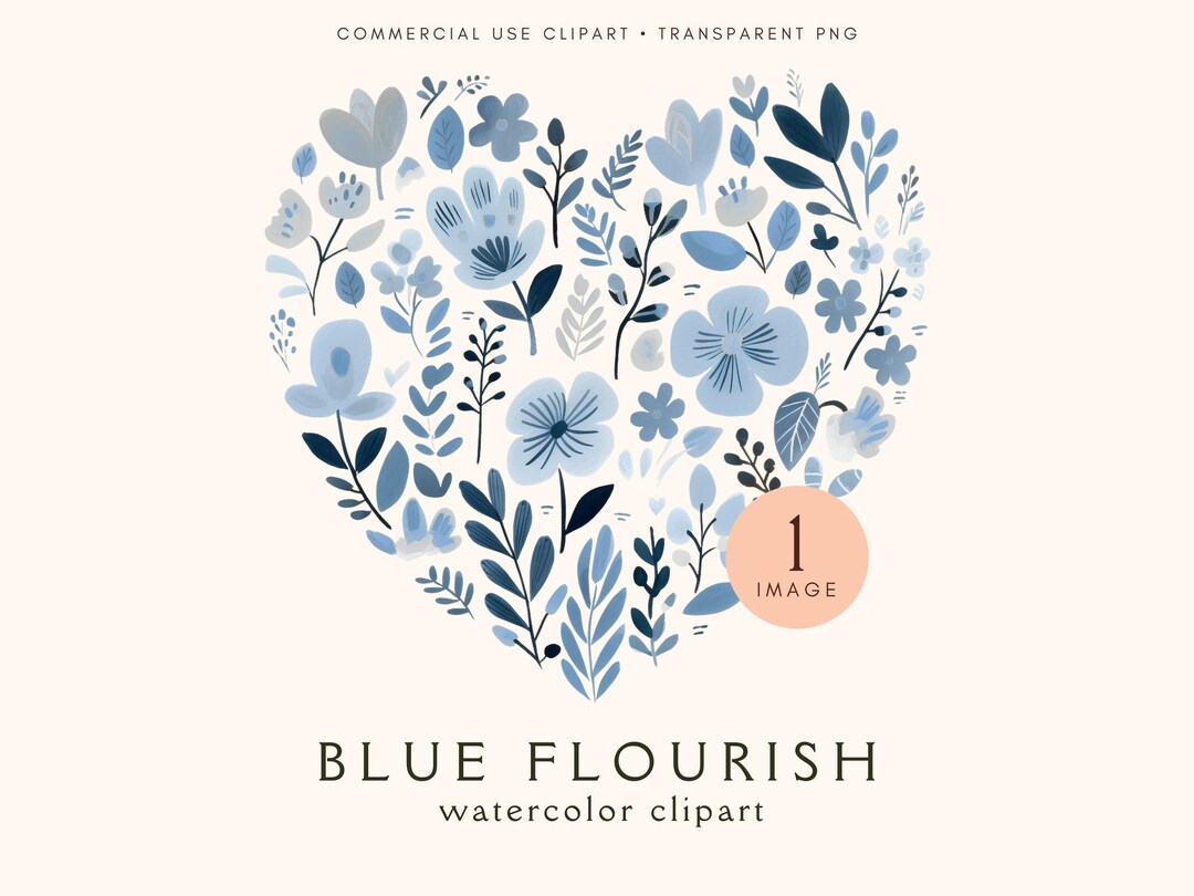 Blue Floral Heart Clipart | Watercolor Hearts Clipart Png | Digital ...