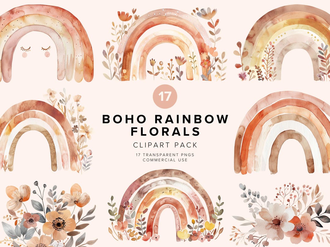 Boho Rainbow Florals Clipart | Commercial Use | Watercolor Boho Clip ...