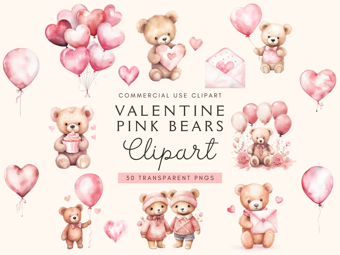 Pink Valentine Bears Clipart Watercolor Bear Clipart Valentine's Day ...