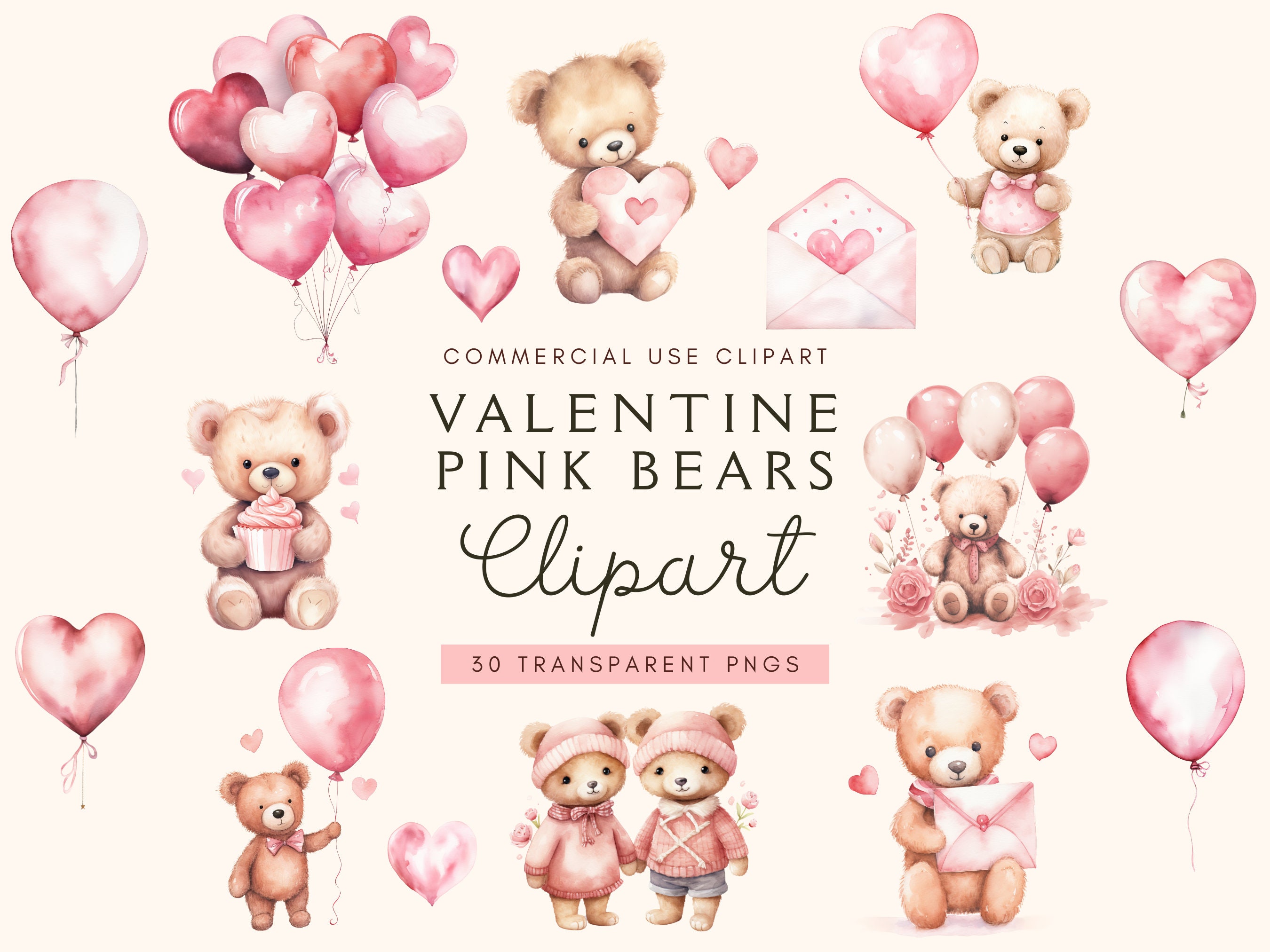 Pink Valentine Bears Clipart Watercolor Bear Clipart Valentine's Day ...