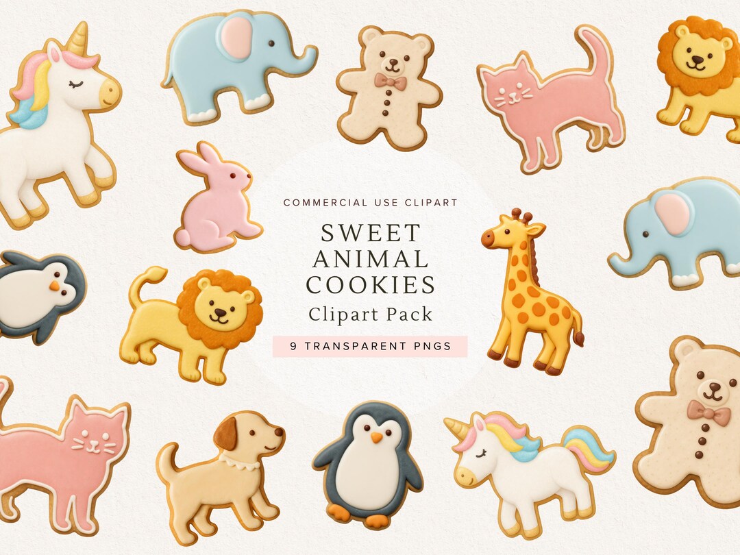 Sweet Animal Cookies Clipart Pack | 9 Cute Baby Animal Pngs for Nursery ...