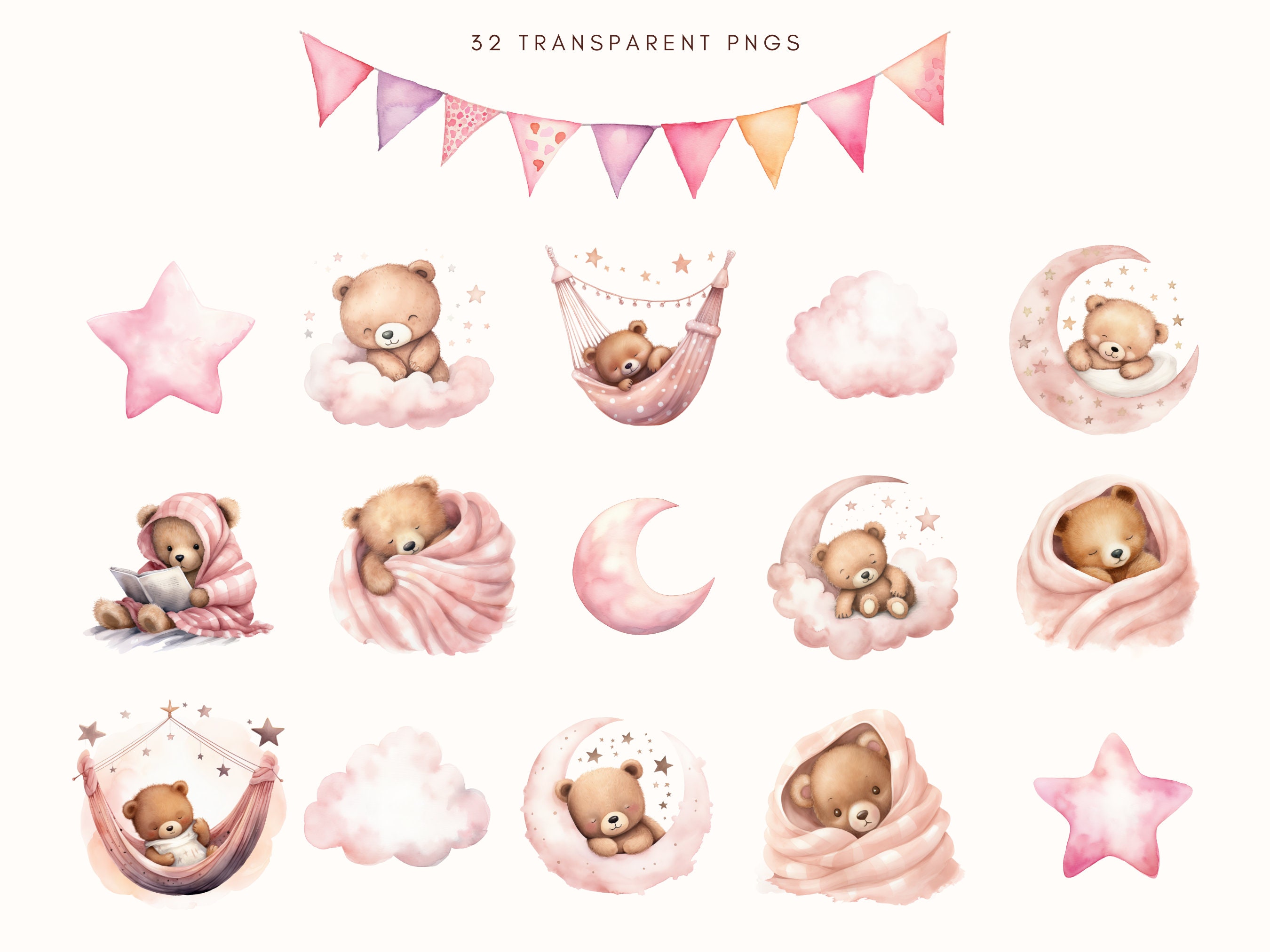 Sleeping Teddy Bears Clipart Pink Watercolor Baby Bear Clip Art Baby ...