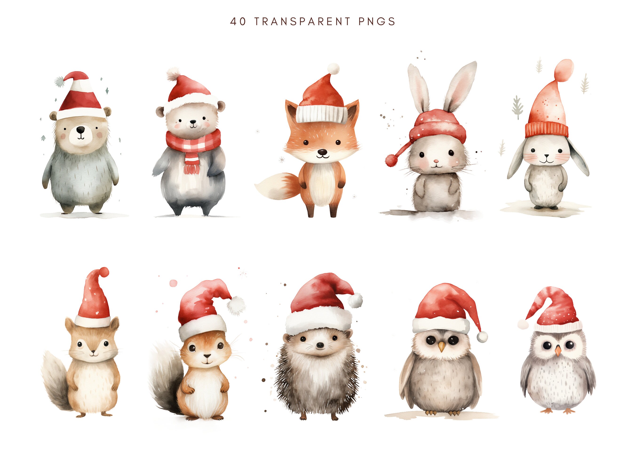 Christmas Animals Watercolor Clipart Animals With Santa Hat - Etsy