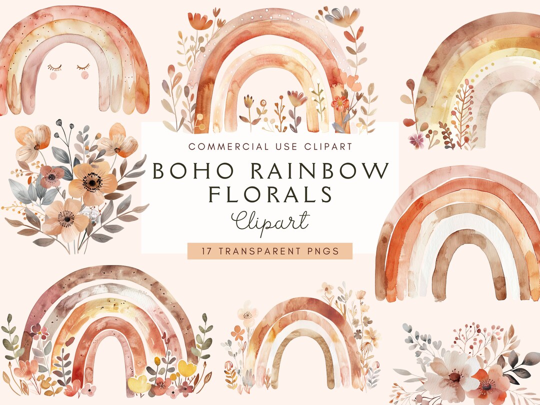 Boho Rainbow Florals Clipart Commercial Use Watercolor Boho Clip Art ...