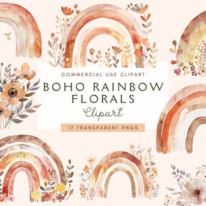 Boho Rainbow Florals Clipart Commercial Use Watercolor Boho Clip Art ...