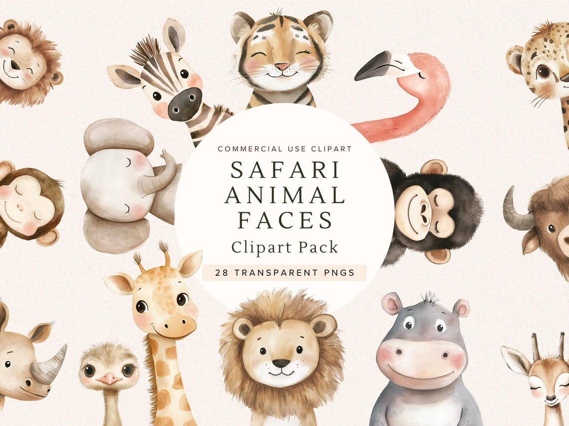 Boho Safari Clipart | Cute Jungle Animal Faces PNG | Watercolor Baby ...
