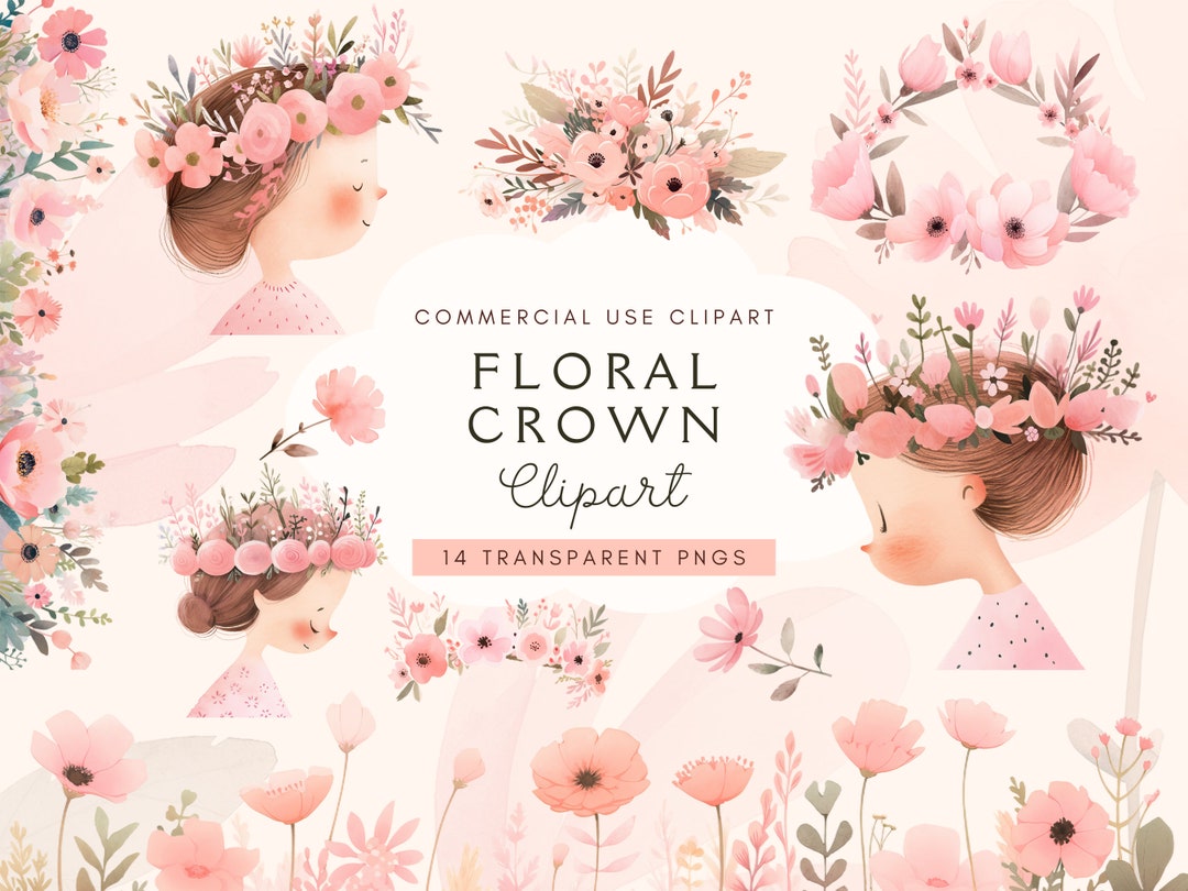 Girl With Floral Crown Clipart | Pink Watercolor Flower Png | Flower ...