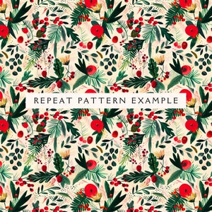 Holly and Berries Seamless Pattern | Watercolor Poinsettia Repeating ...