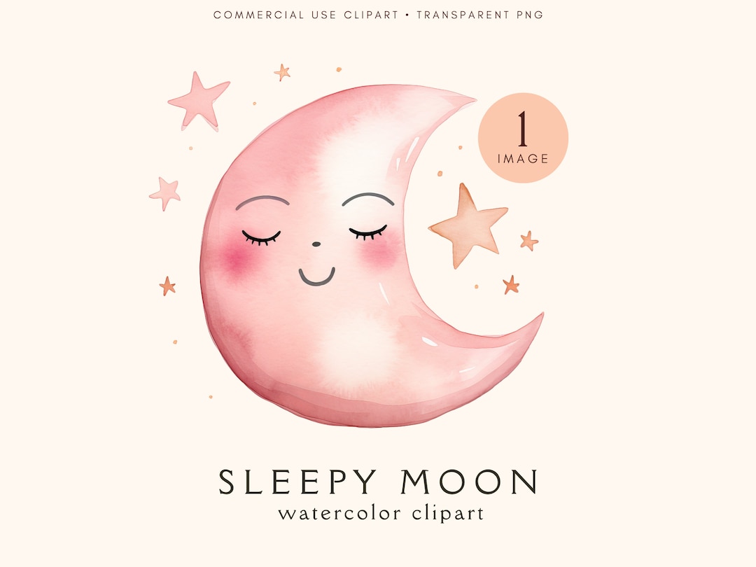 Cute Moon Clipart | Pink Watercolor Sleepy Moon Clip Art | Commercial ...